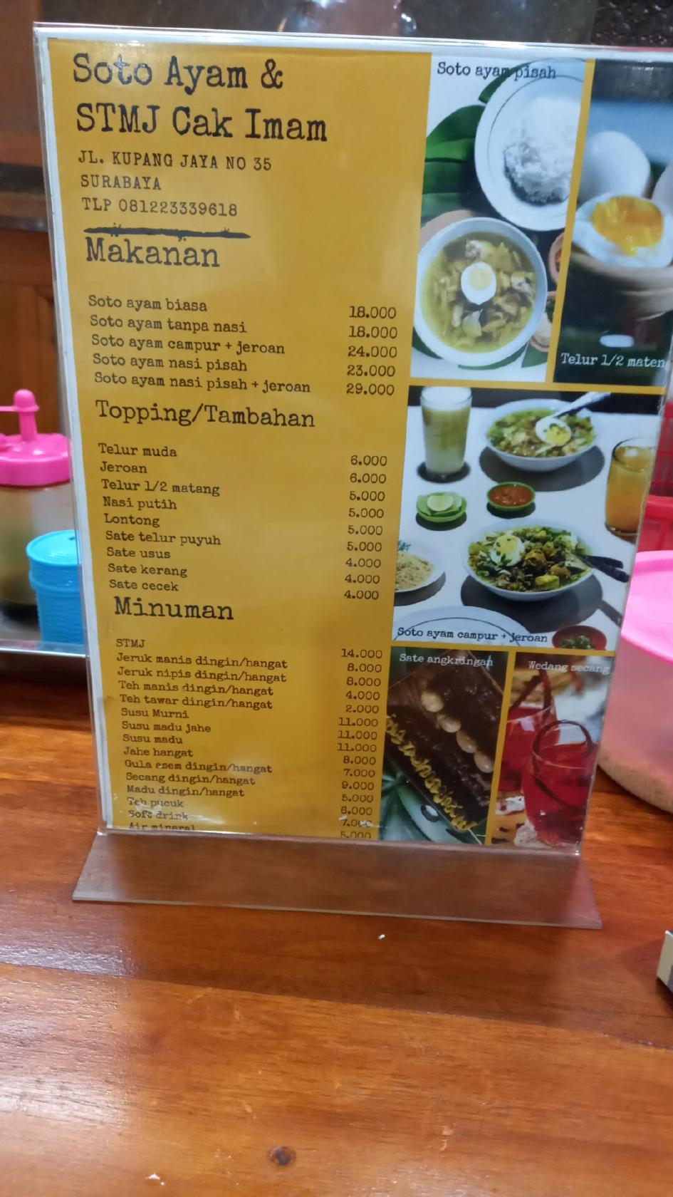 Carta del restaurante Soto Ayam & STMJ Cak Imam, Surabaya