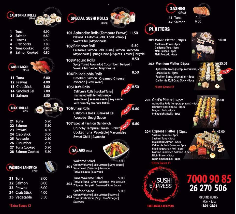 Menu at Sushi, Paphos