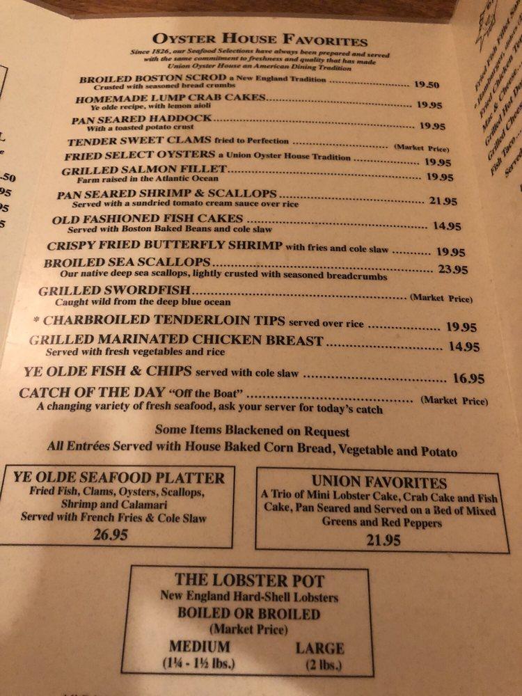 Menu at Union Oyster House restaurant, Boston