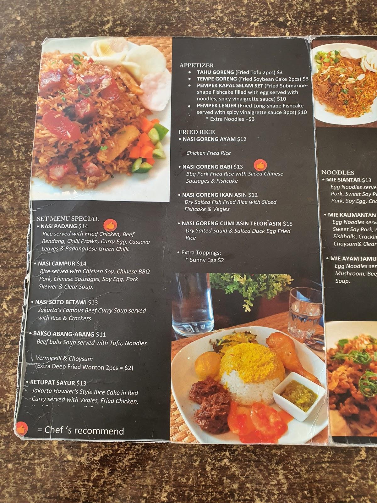Menu at A'la Indo restaurant, Mascot