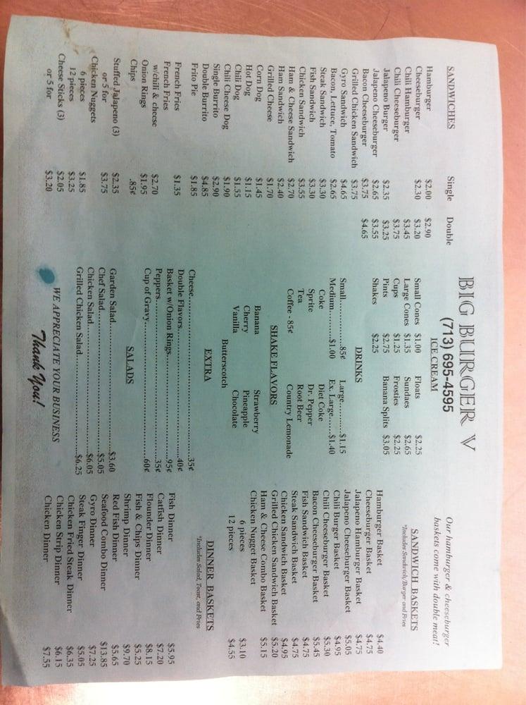 Menu at Big Burger V restaurant, Houston, 11207 W Hardy Rd