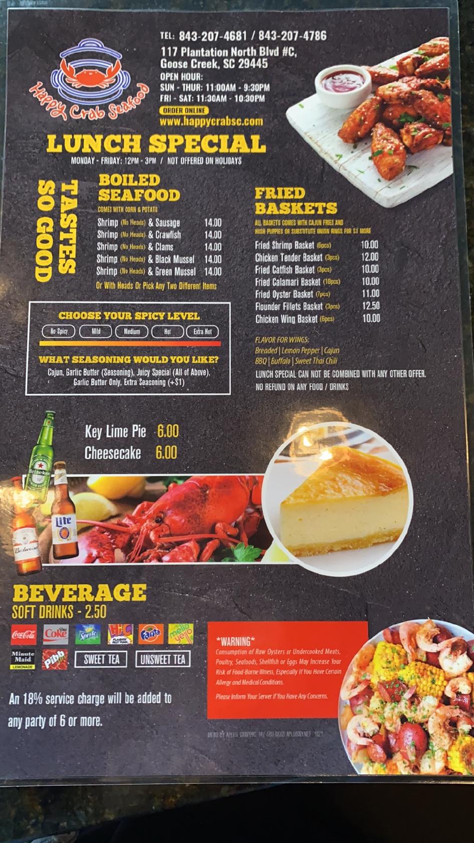 Menu at Happy crab seafood restaurant, Goose Creek