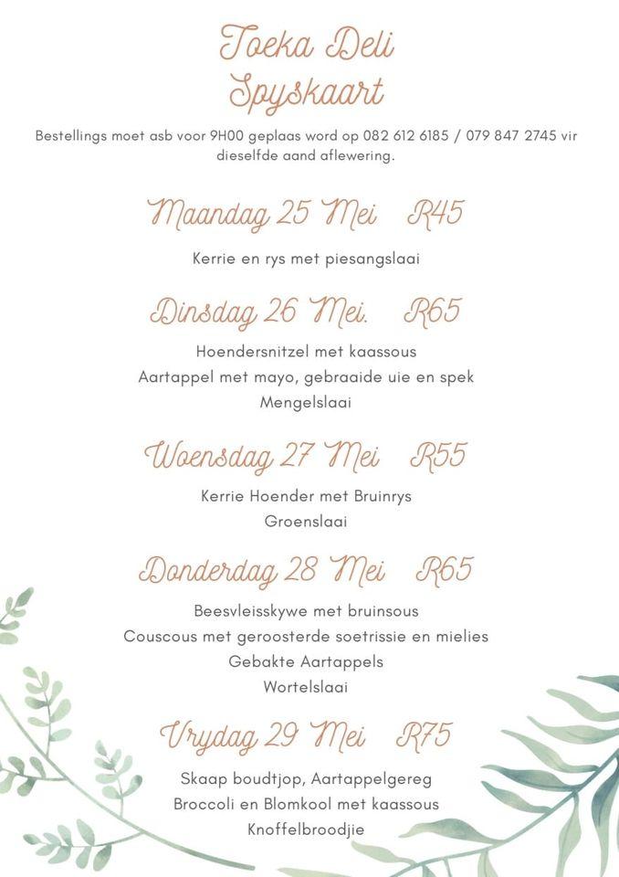 Menu at Toeka Deli & Koffie Winkel cafe, Lichtenburg
