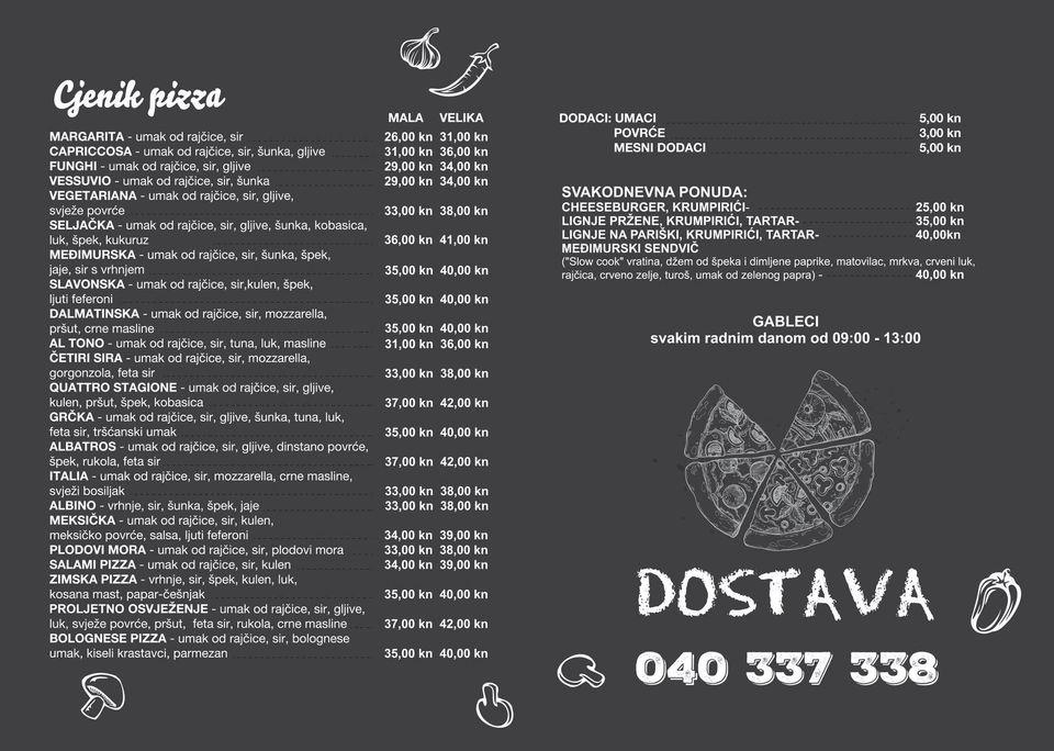 Menu at Albatros restaurant, Štefanec