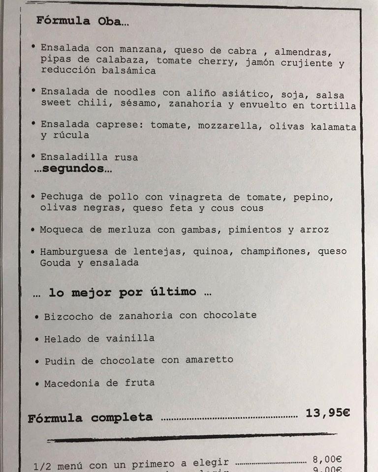 Menu at Cafe' Restaurante Oba, Barcelona