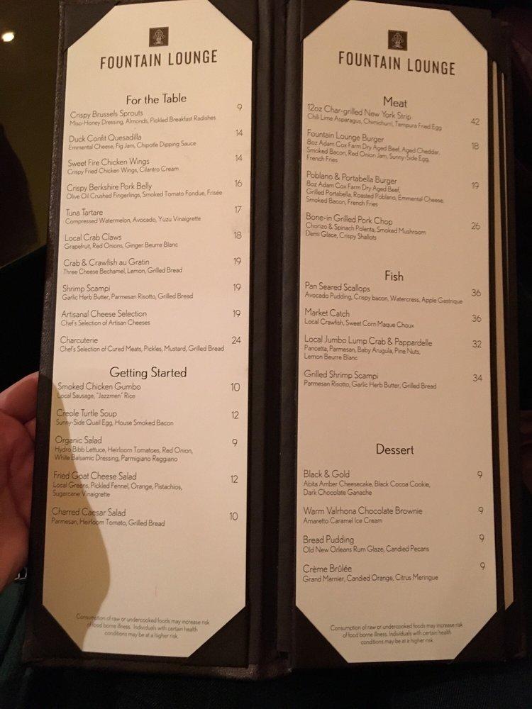 Menu at Fountain Lounge restaurant, New Orleans