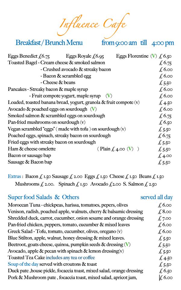 Menu at Influence Cafe, Darlington