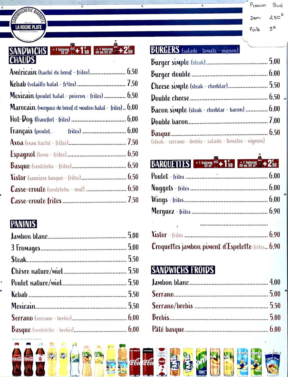 Menu at La Roche Plate restaurant, Biarritz