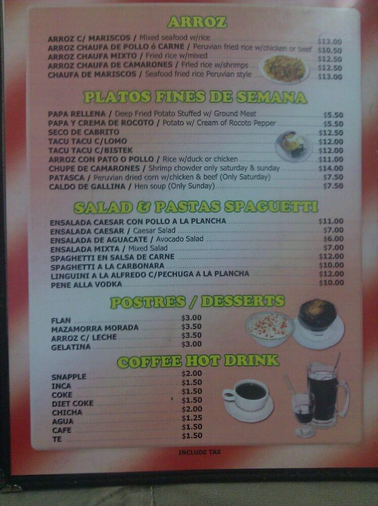 Carta del restaurante Mistura Peruana, Nueva York, Jamaica Ave