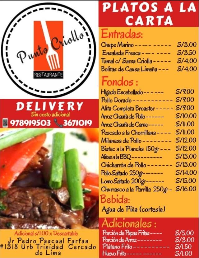 Menu at Punto Criollo restaurant, Lima, Pedro Pascual Farfan 1318