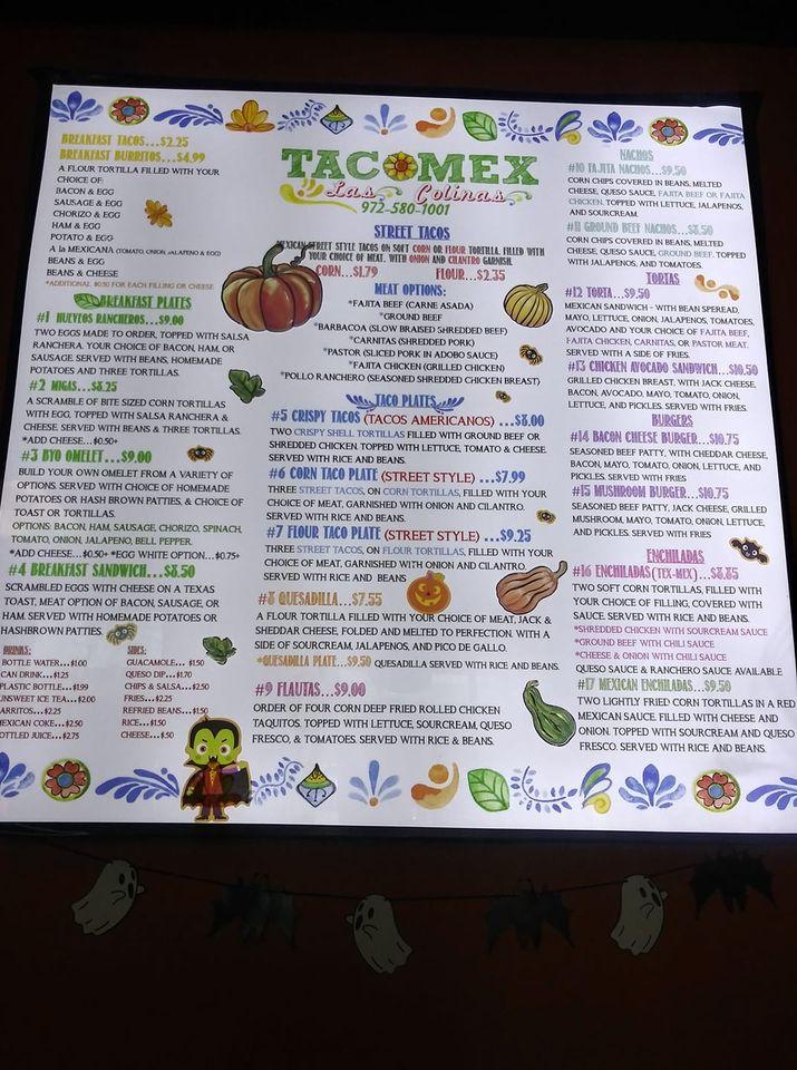 Menu at Tacomex Las Colinas restaurant, Irving