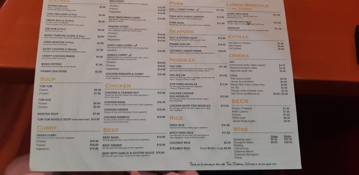 Menu at Thai Delicious restaurant, Chinchilla