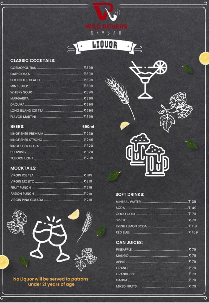 Menu at Wild Rovers Sky Bar, Hyderabad