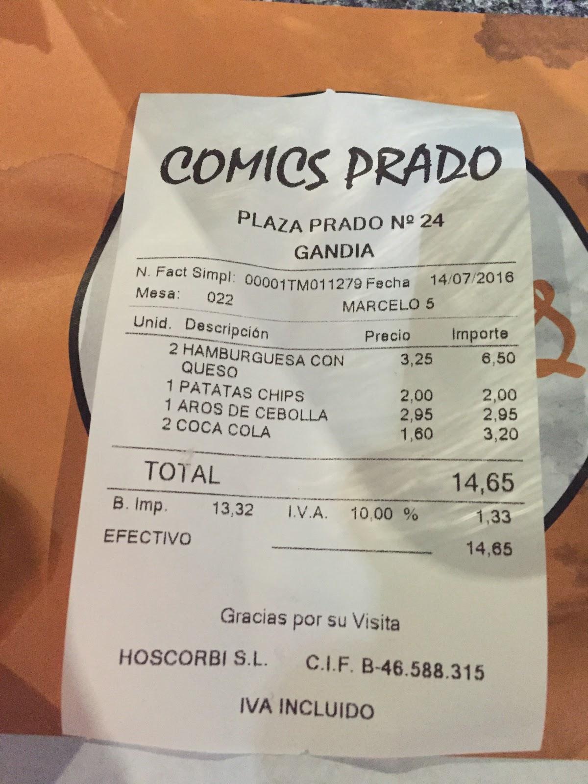 Carta del restaurante Comics, Gandia, Pl. del Prado