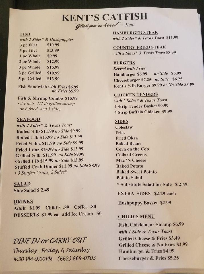 Menu at Kent's Catfish restaurant, Saltillo, 123 Industrial Park Rd