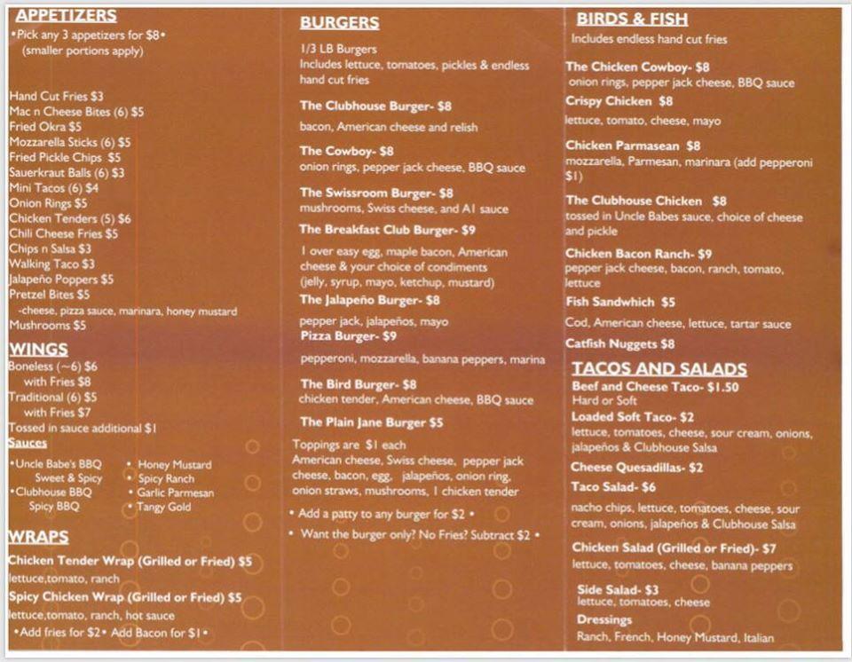Menu at The Clubhouse, Alliance
