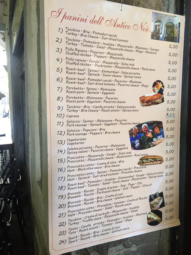 Menu at Antico Noè cafe, Florence