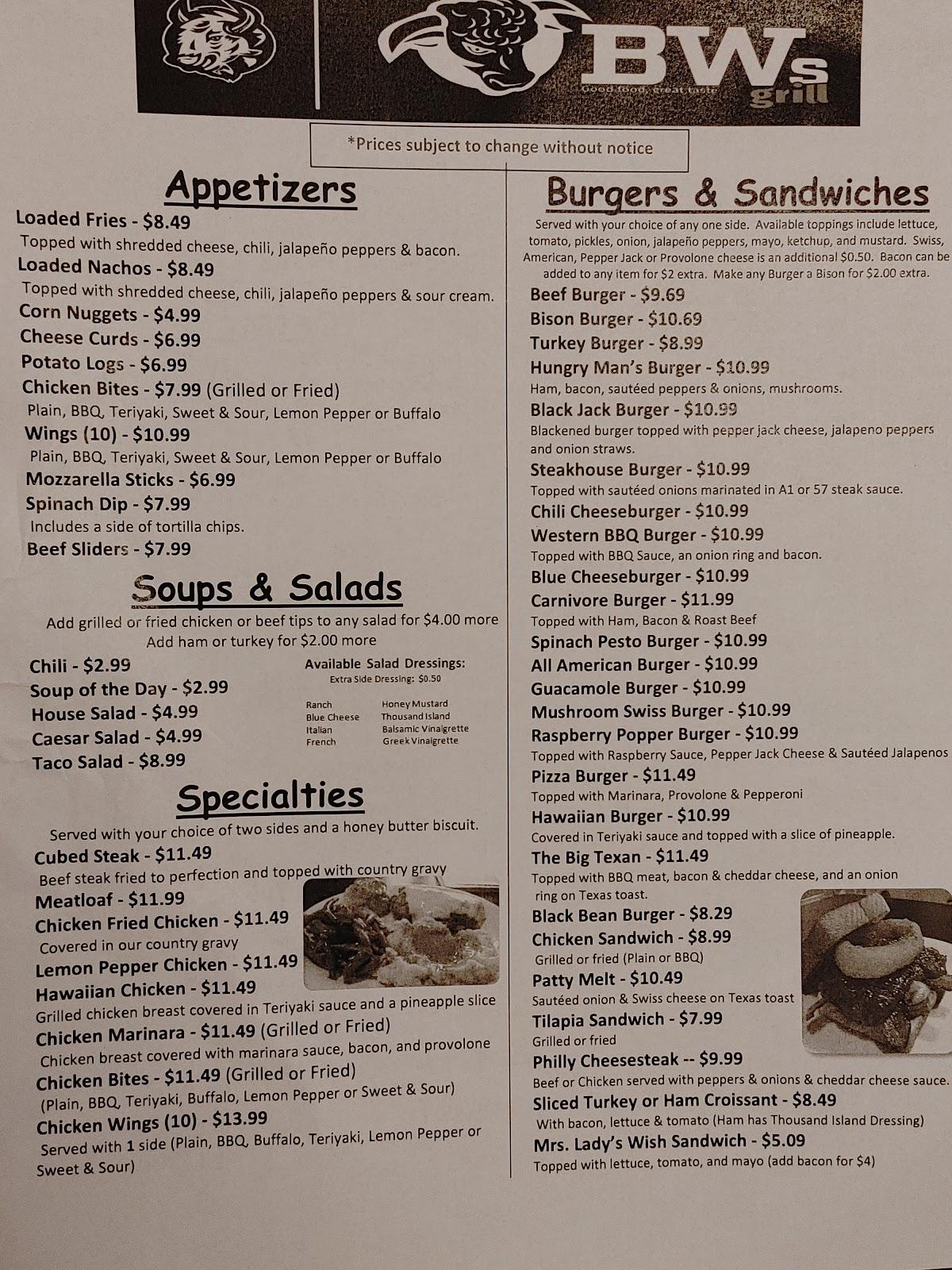 Menu at BW's Grill restaurant, Crawfordville