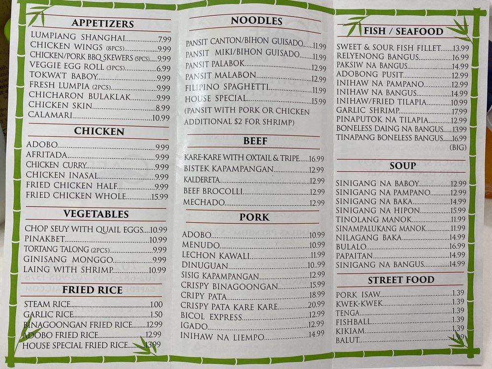 Menu at Cafe de Manila, Las Vegas