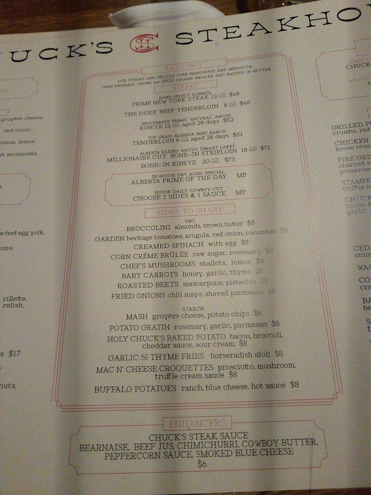 Menu at Chuck's Steakhouse, Banff