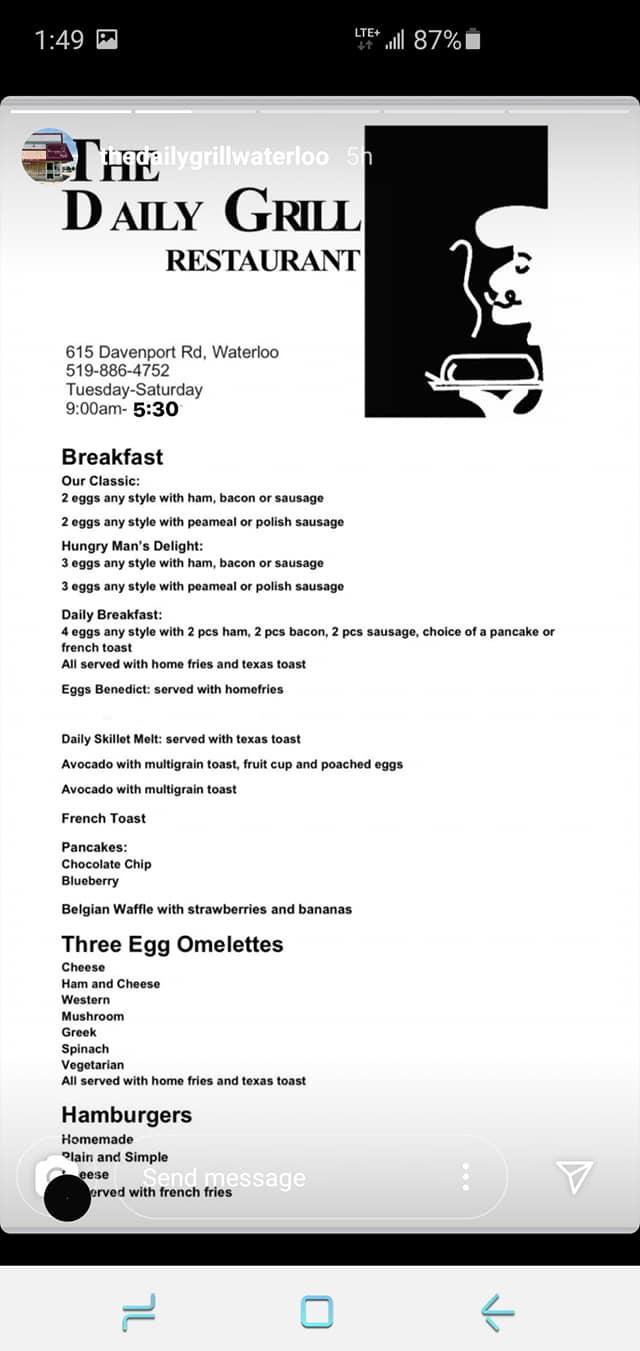 Menu at Daily Grill Restaurant, Waterloo