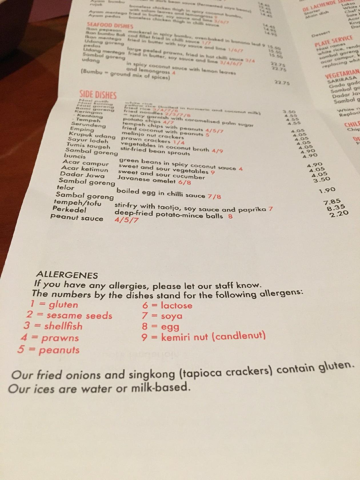 Menu at De Lachende Javaan, Haarlem