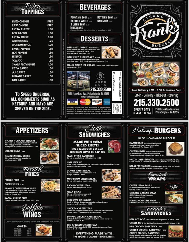 Menu at Frank's Steaks & Burgers restaurant, Philadelphia