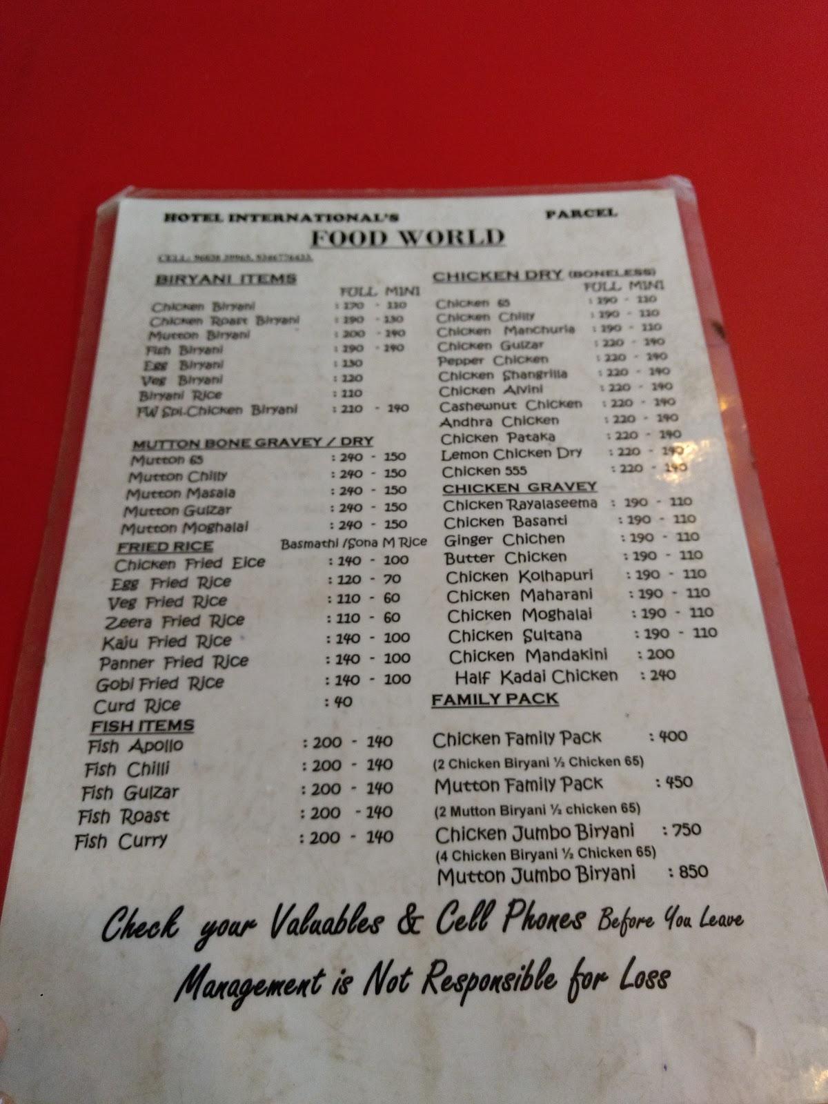 Menu at Hotel International Food World, Kurnool