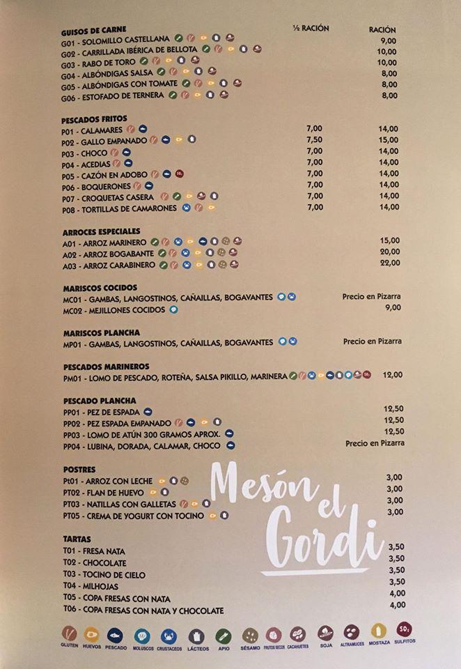 Menu at Meson el gordi pub & bar, Spain