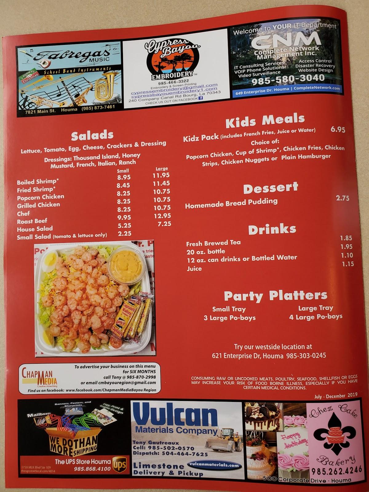 Menu at Mr. Po-Boy restaurant, Houma, 860 Grand Caillou Rd