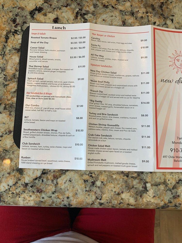 Menu at New Day Cafe, Leland