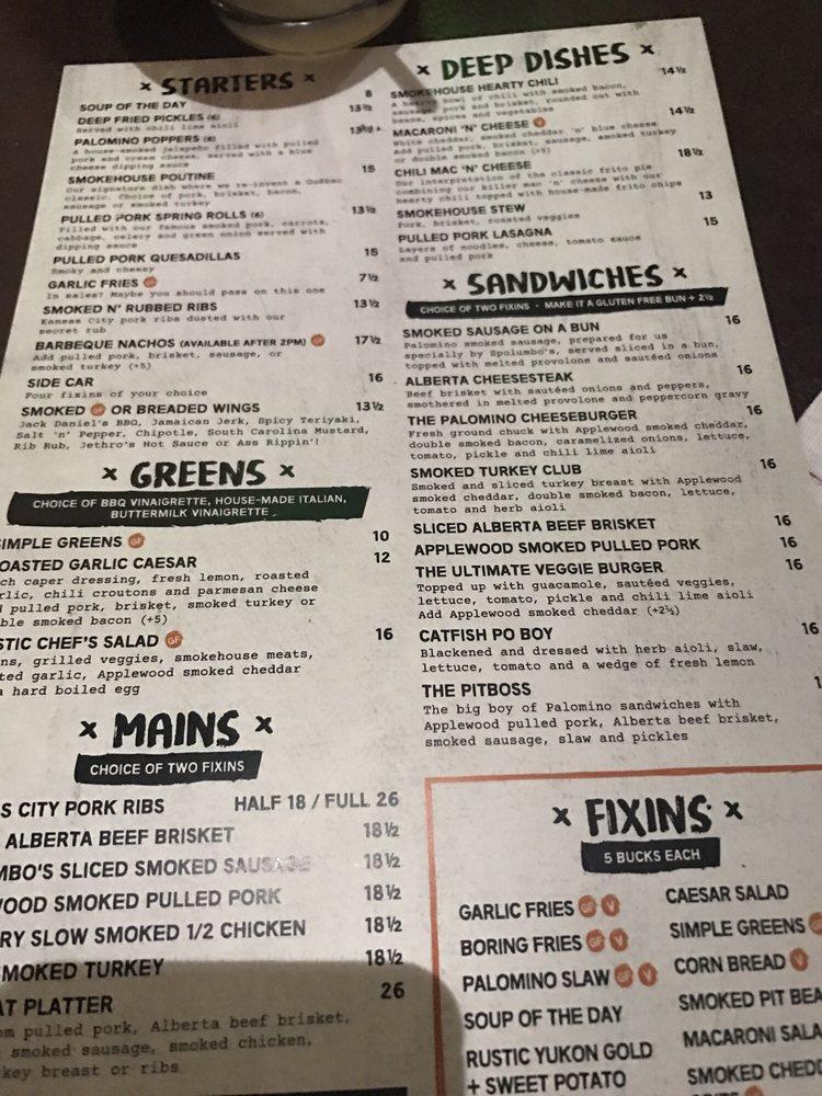 Menu at Palomino Smokehouse pub & bar, Calgary