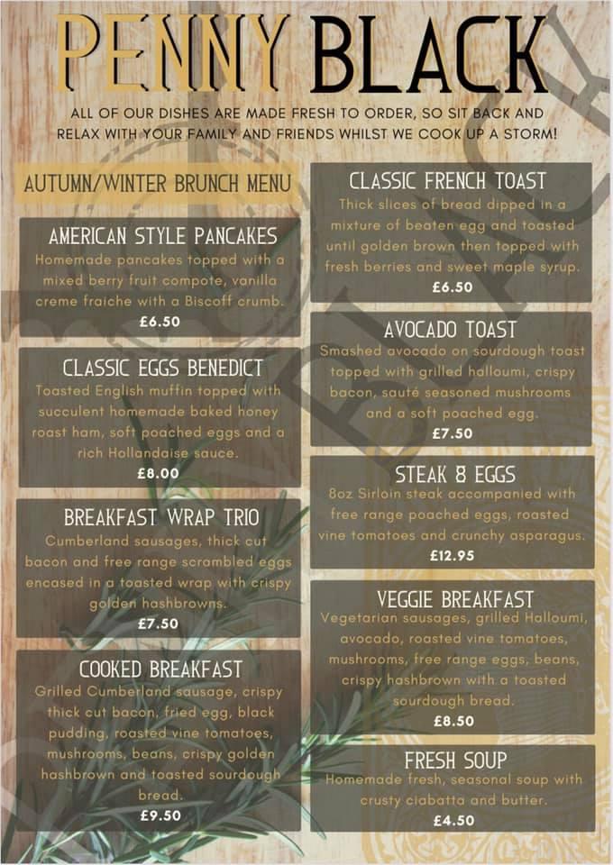 Menu at Penny black bar, Burnley
