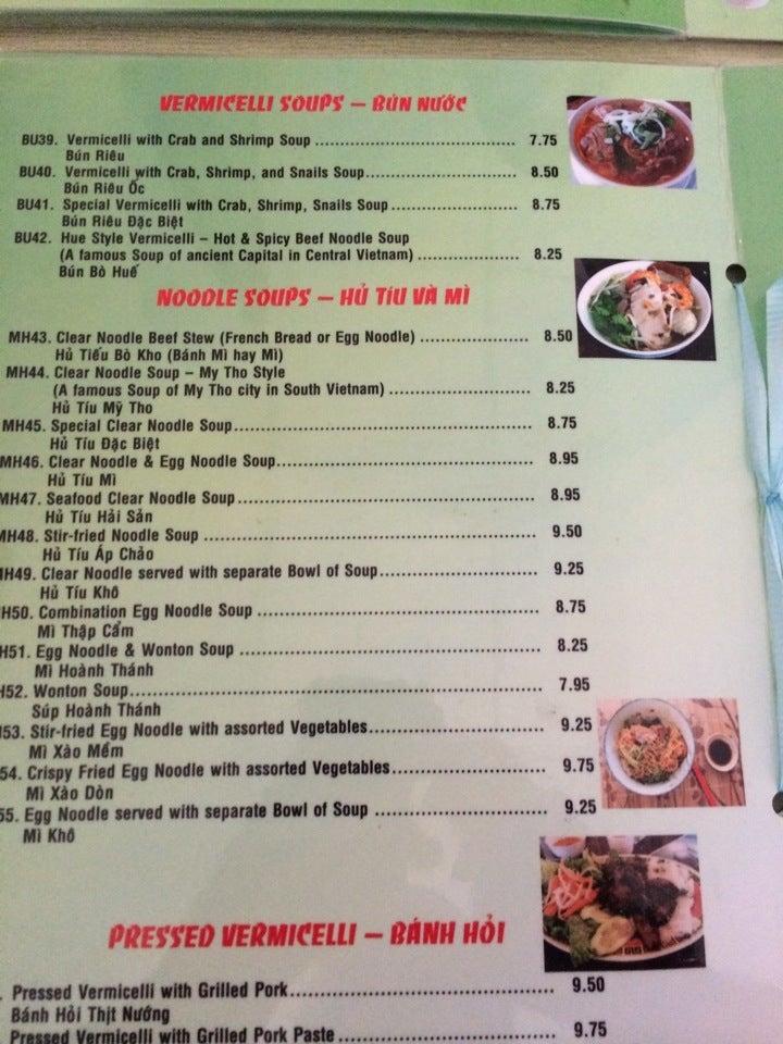 Menu at Phở Sunrise restaurant, Kenner