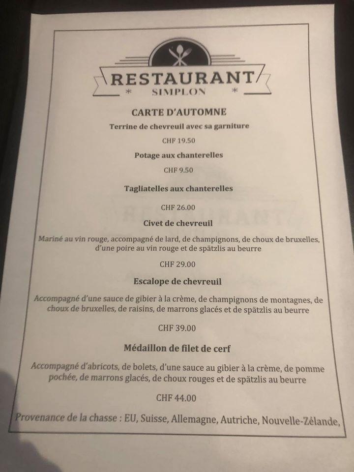 Menu da Restaurant du Simplon Sierre, Sierre