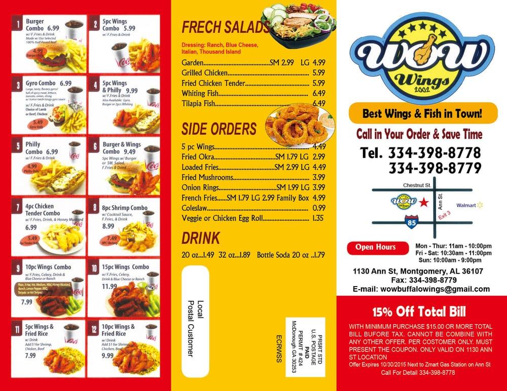 Menu at Wow Wings restaurant, Montgomery, Ann St