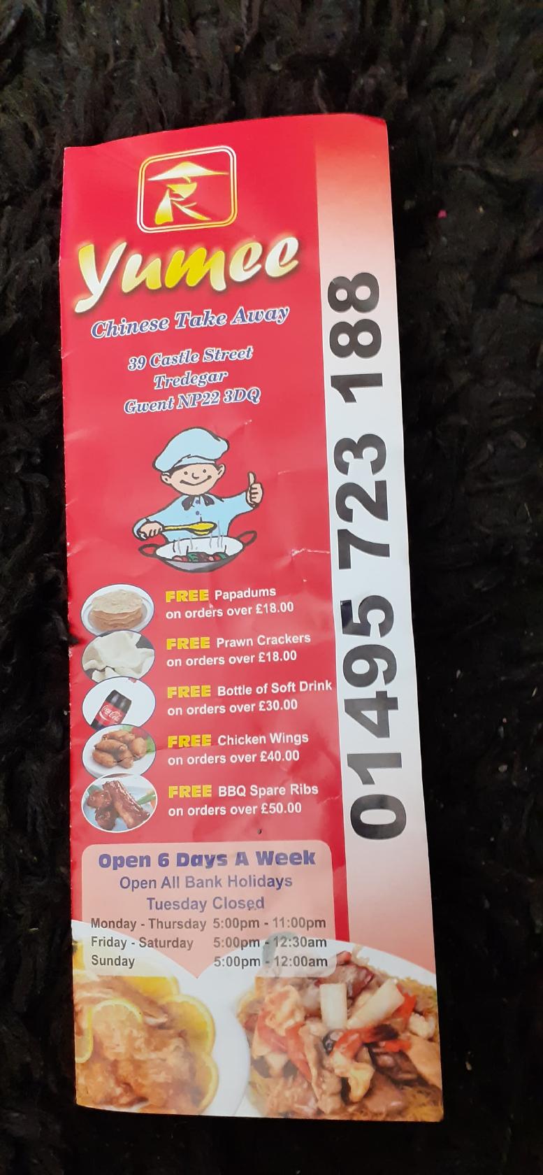 Menu at Yumee restaurant, Tredegar