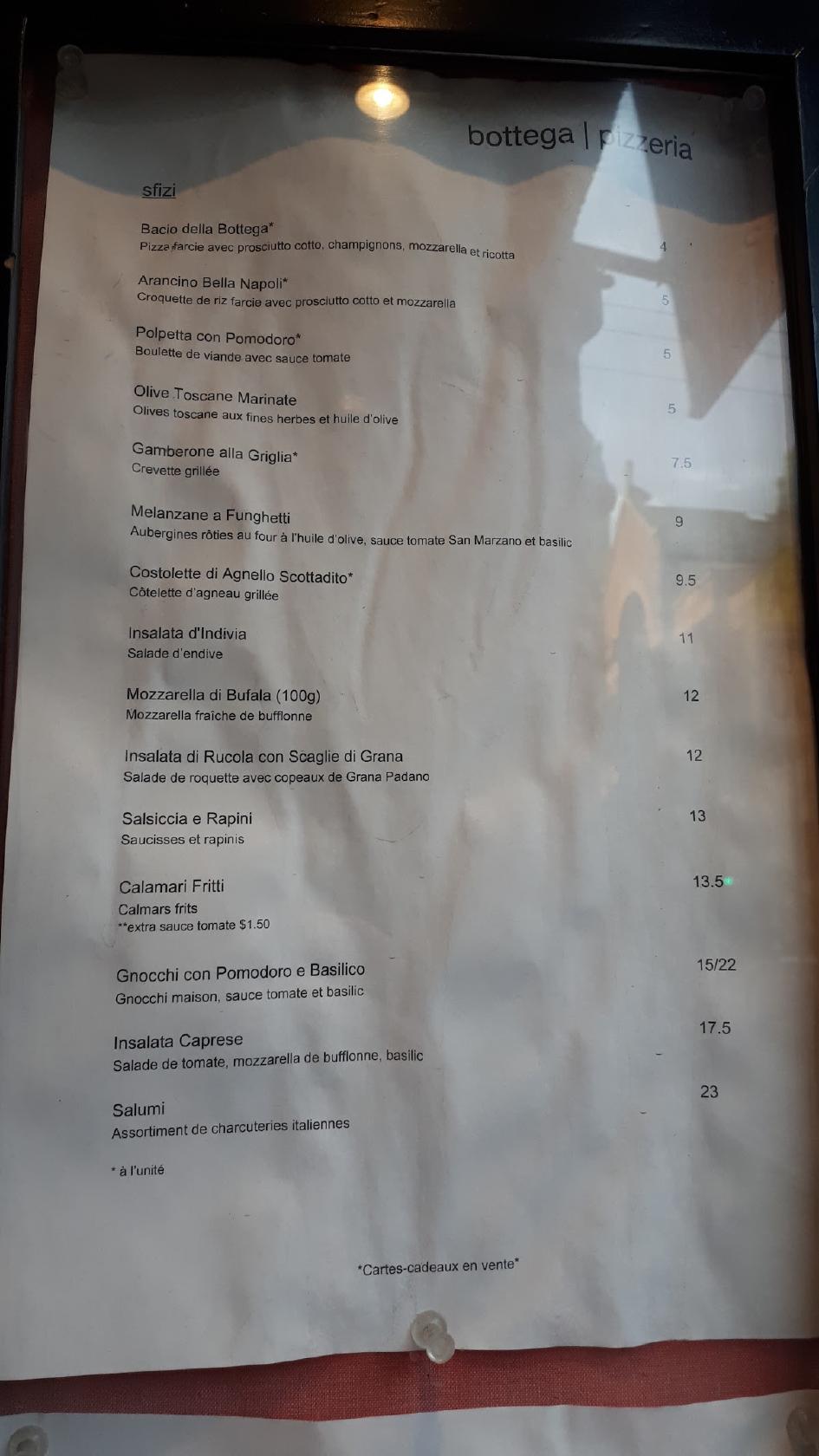 Menu at Bottega pizzeria, Montréal, 65 Rue Saint-Zotique E
