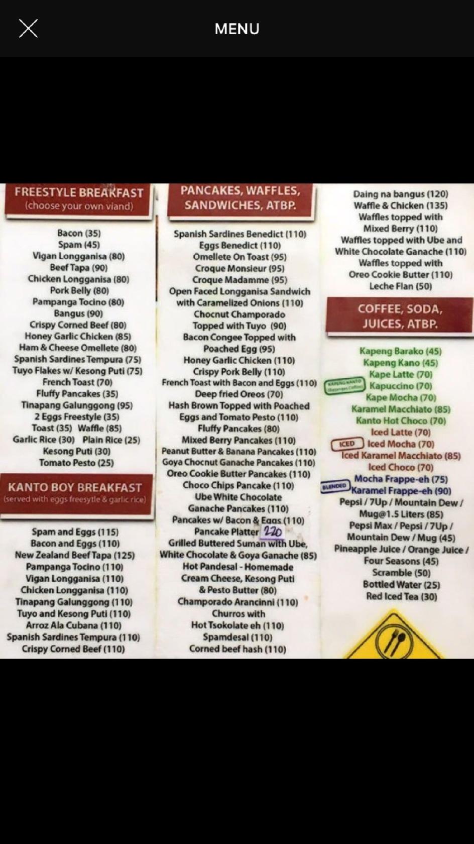 Menu at Kanto Freestyle Breakfast Morato restaurant, Quezon City, J2HM+QH4