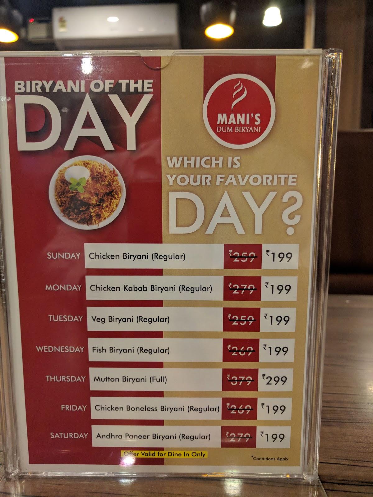Menu at Mani's Dum Biryani - Ulsoor, Bengaluru, 1st Floor 18/1 Haudin Road