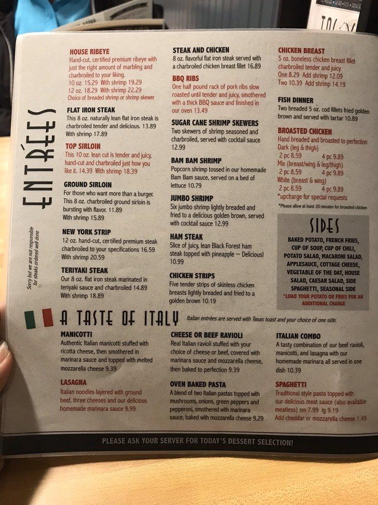 Menu at Tasos' Oskaloosa steakhouse, Oskaloosa