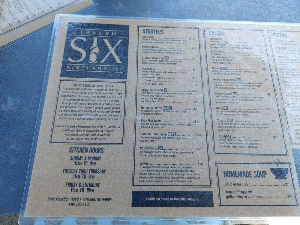 Menu at Tavern Six pub & bar, Kirtland, Euclid Chardon Rd