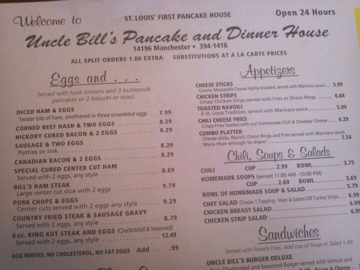Menu at West County Uncle Bill's Pancake and Dinner House restaurant ...