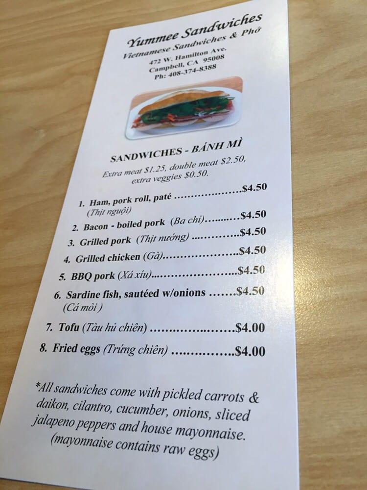 Menu at Yummee Sandwiches fast food, Campbell
