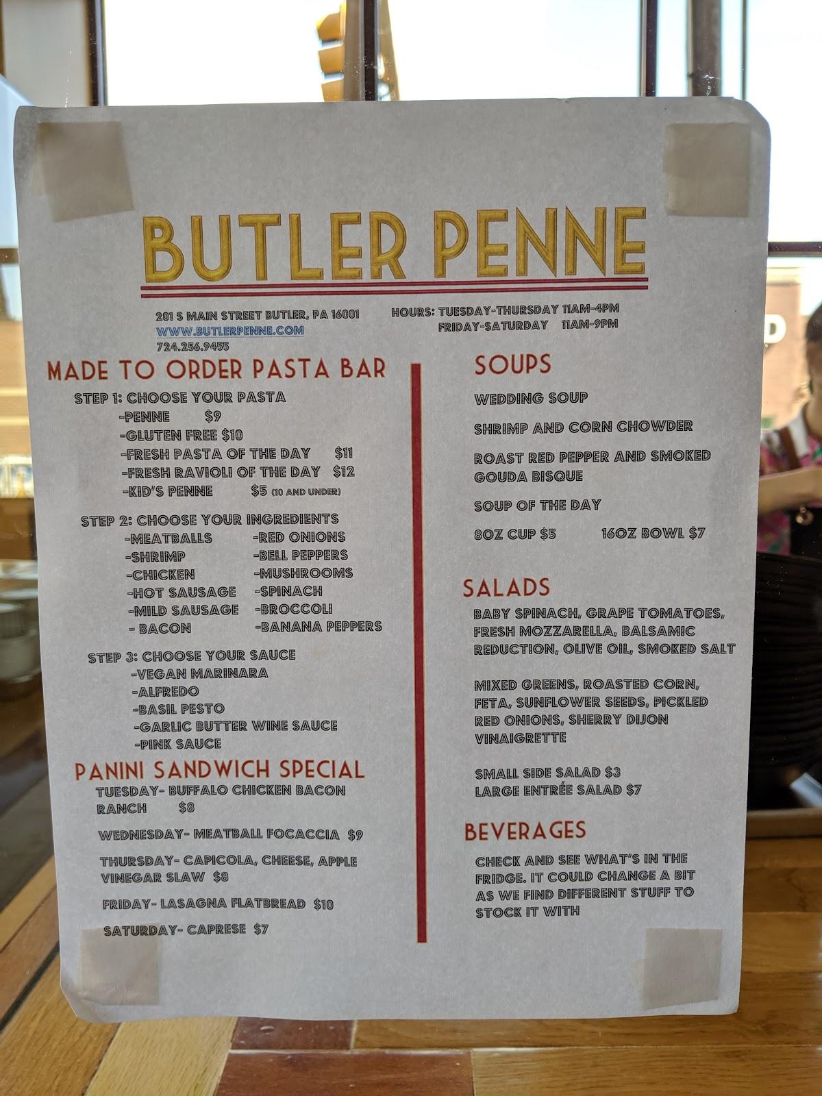 Menu at Butler Penne restaurant, Butler