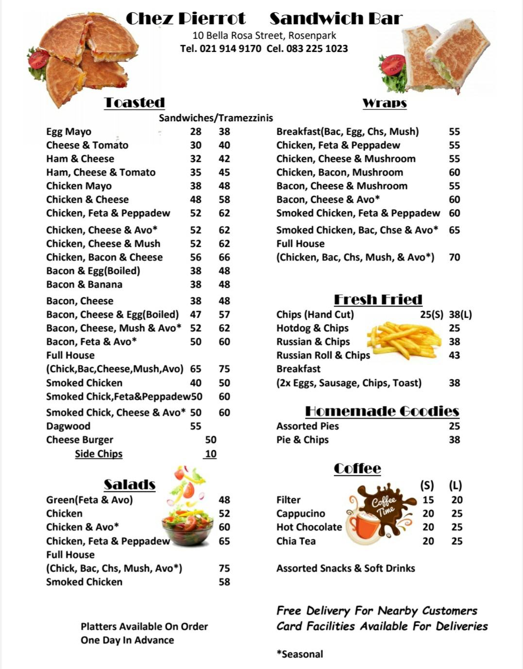 Menu at Chez Pierrot Sandwich Bar / Gift Shop /Art Gallery, Cape Town