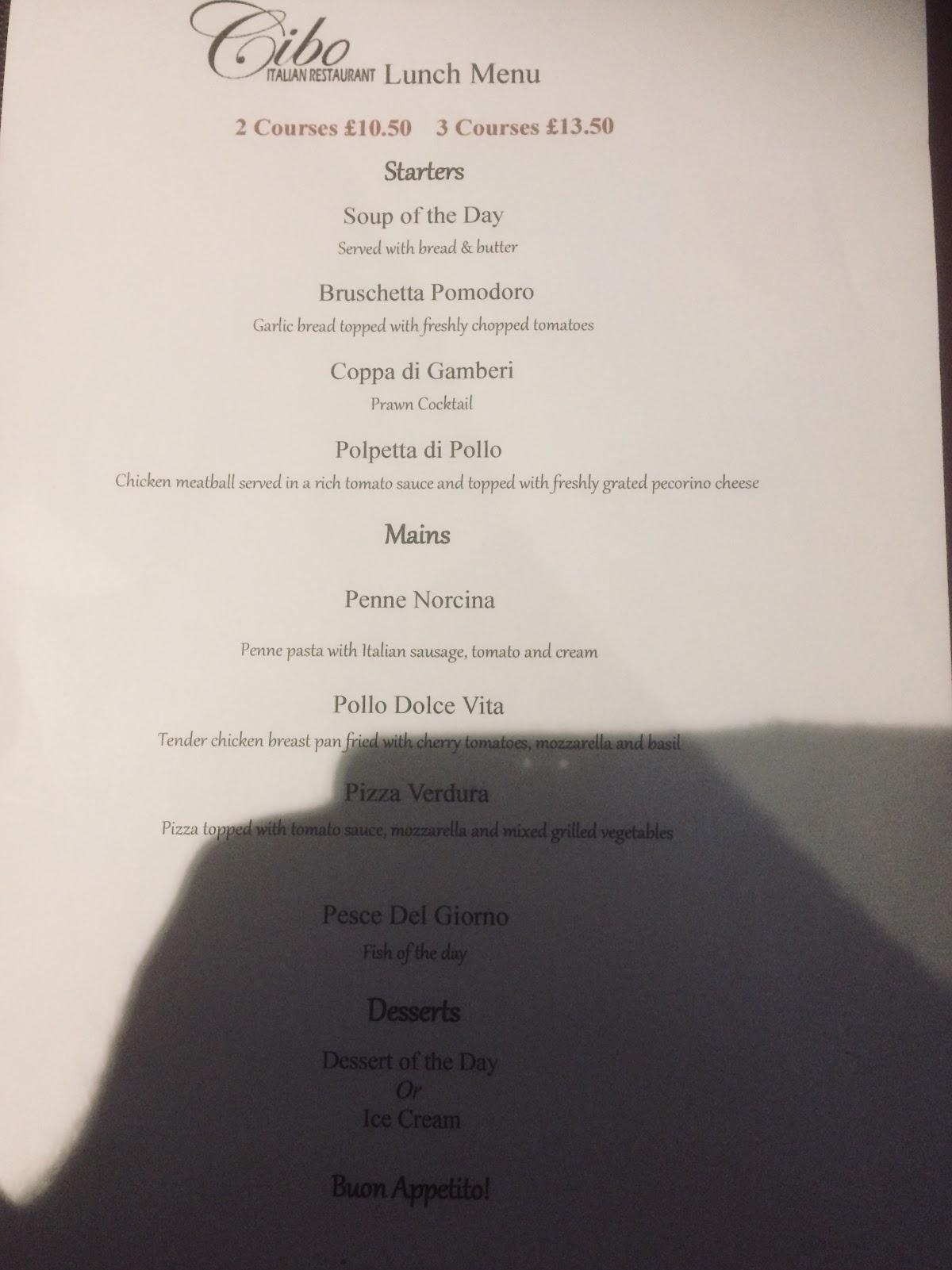Menu at Cibo Restaurant, Edinburgh, 1 Southroad End