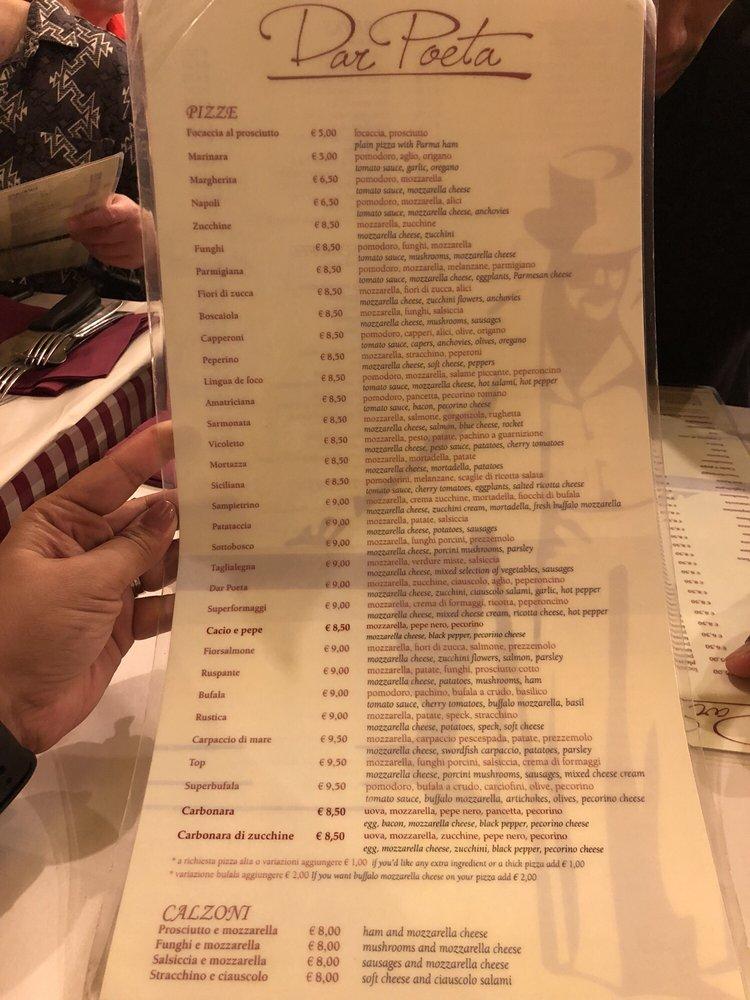 Menu at Pizzeria Dar Poeta, Rome, Vicolo del Bologna
