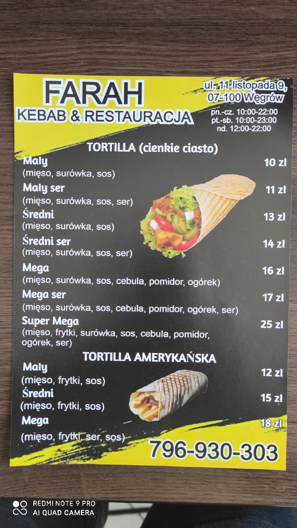 Menu at FARAH KEBAB & RESTAURANT, Wegrow