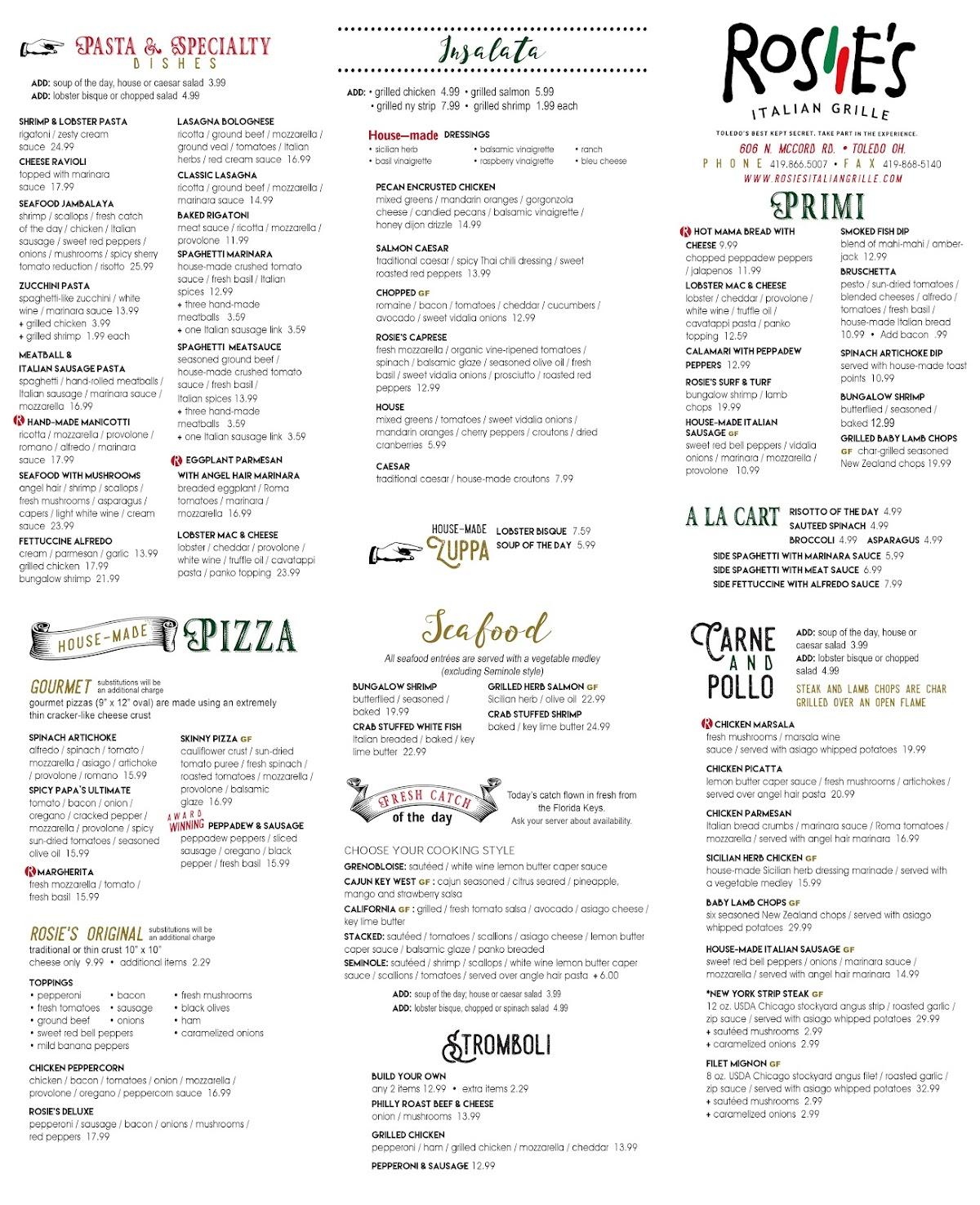 Menu at Rosie's Italian Grille restaurant, Toledo, 606 N McCord Rd
